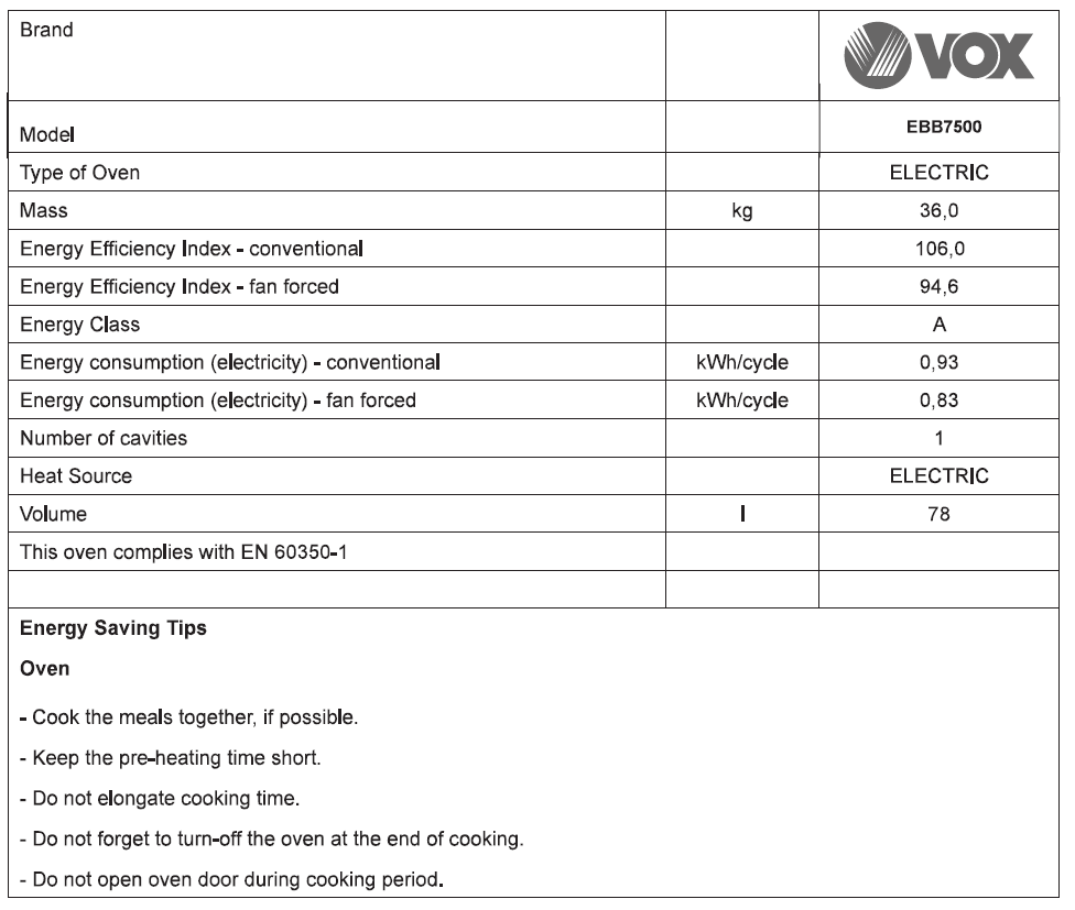 Electric built-in ovens of big capacity | VOX Electronics